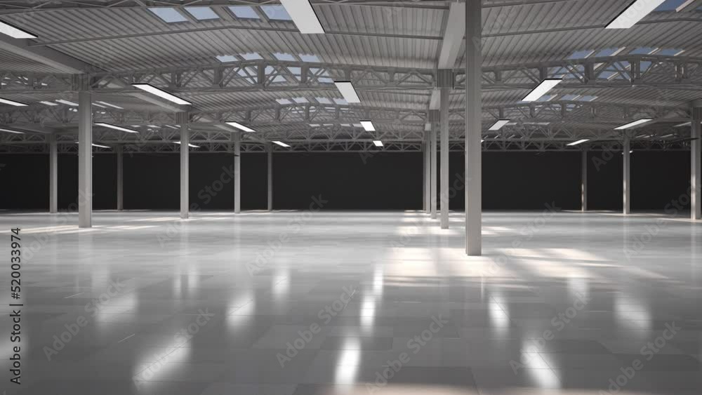 Empty warehouse hall, the light turns on. Industrial interior of the ...