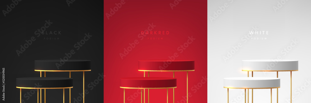 Set of 3D background luxury stand podium with golden easel legs. Black ...