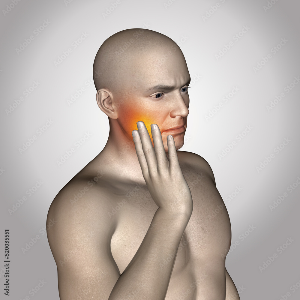3D male figure with close up of him holding his face in pain Stock ...