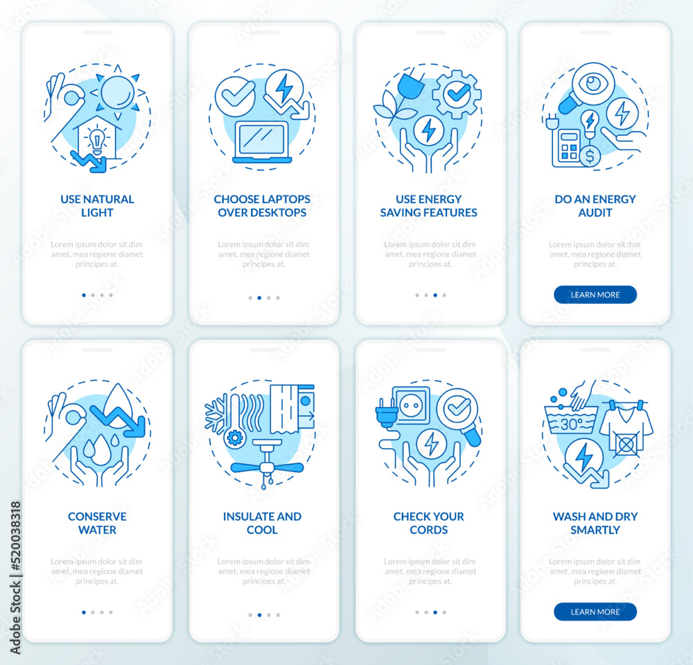 Energy efficiency blue onboarding mobile app screen set. Home tips ...