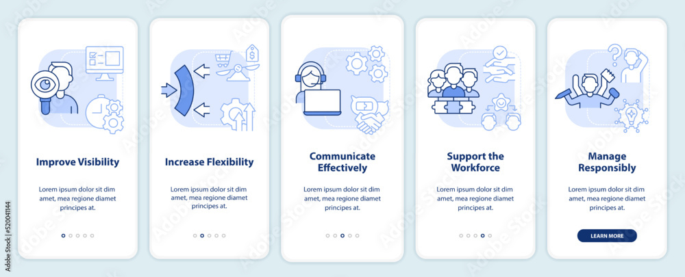 Covid impact on logistics light blue onboarding mobile app screen. Walkthrough 5 steps editable ...