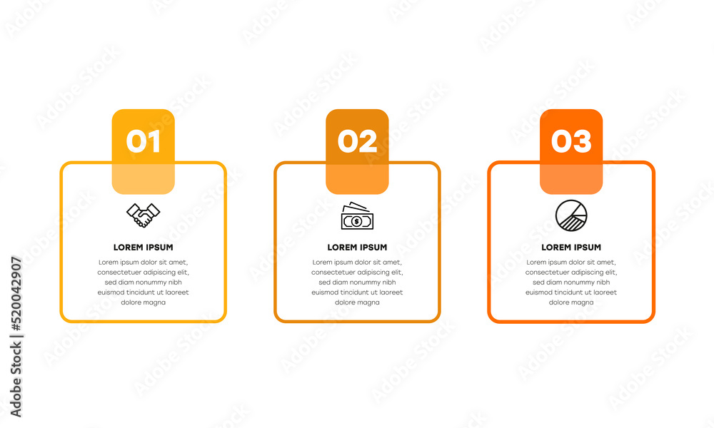 Three numbered steps placed in horizontal row. Concept of 3 stages of ...