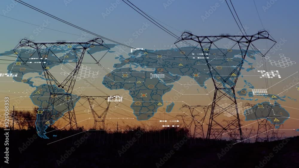 Animation of data processing with world map over overhead power lines ...