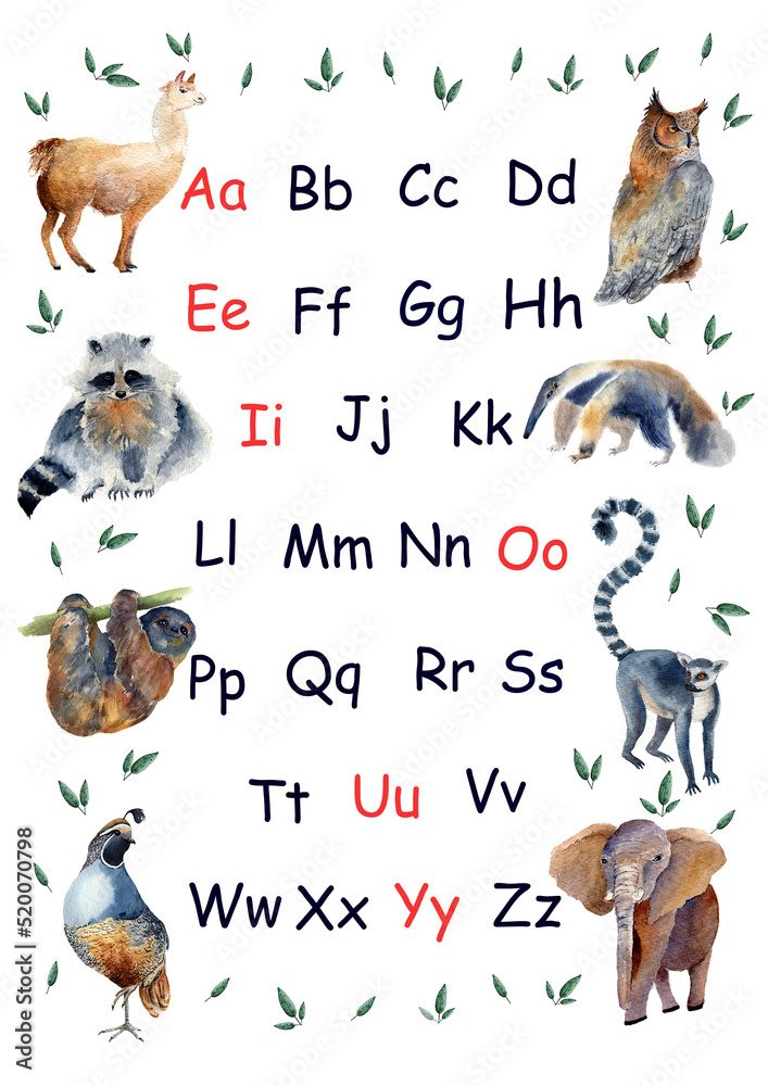 Watercolor animal alphabet. ABC poster for kids. English alphabet. Hand ...