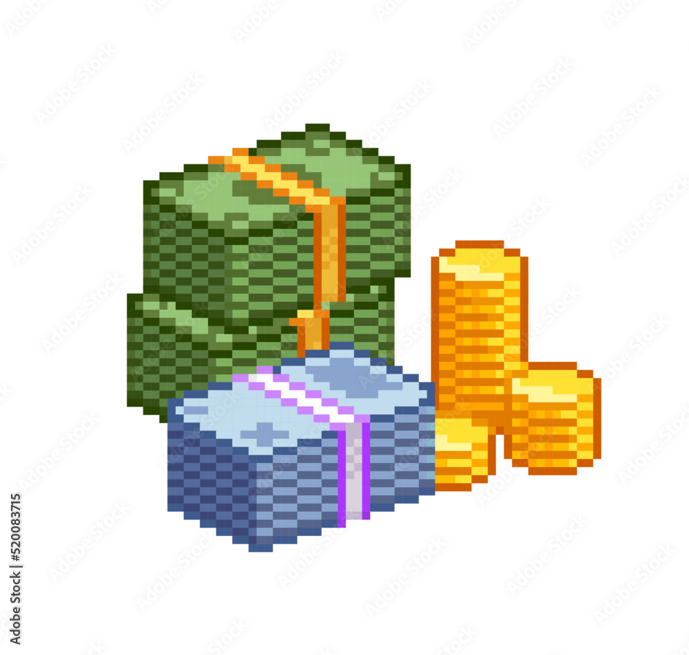 Pixel Art Cash Money and stack of coins vector icon. Pixel golden coins ...