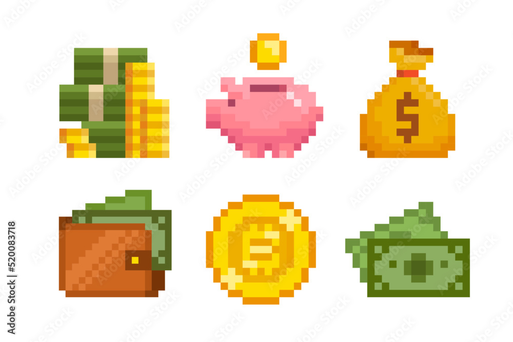 Pixel Art Cash Money and stack of coins vector icons set. Pixel wallet ...