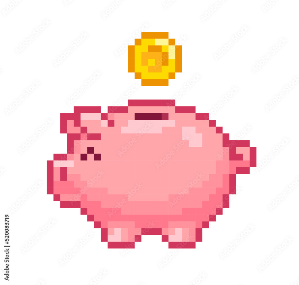 Pixel Piggy Bank with gold coin isolated on white vector. Pixel Art ...