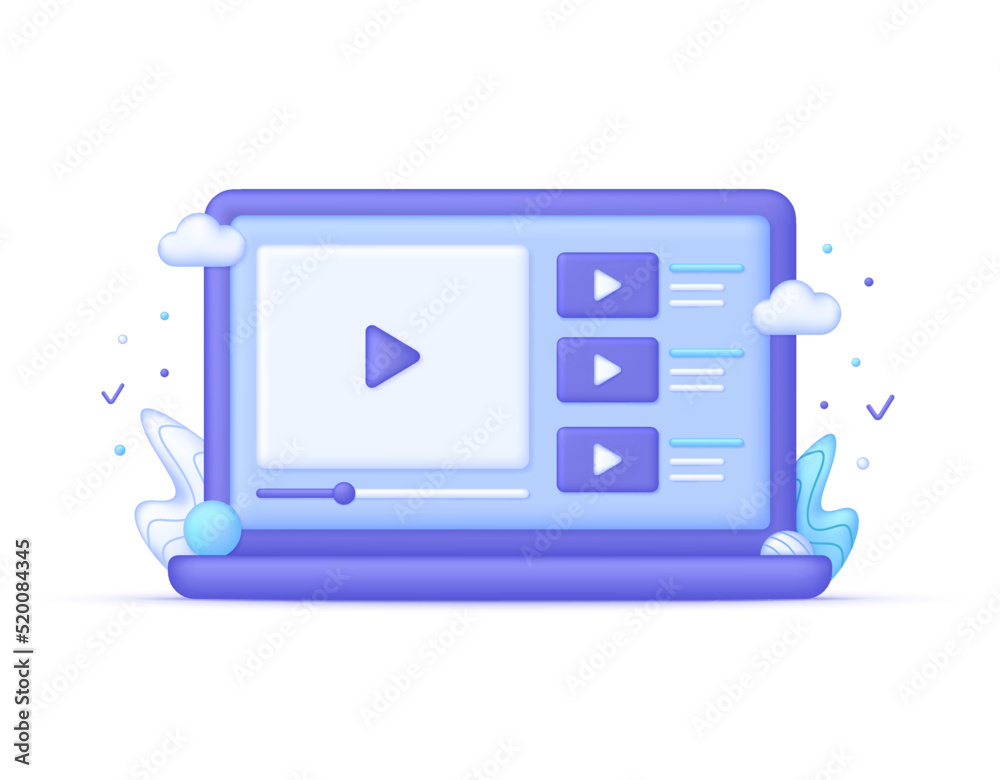 3D Computer and video player illustration. Video tutorials, online ...