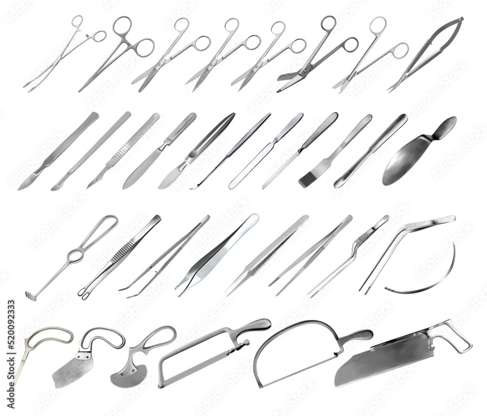 Set of surgical instruments. Tweezers, scalpels, saws, amputation ...