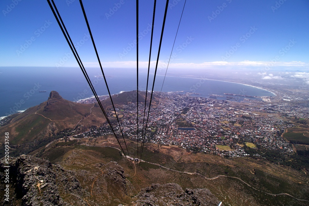 view down from table mountain upper cable car station along the cables ...