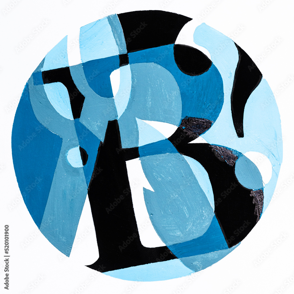 abstract round composition with letter B, tree leaf , scissors and ...