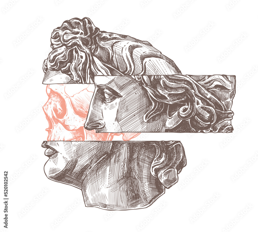 Poster Apollo profile, ancient head and human skull in statue – Wall ...