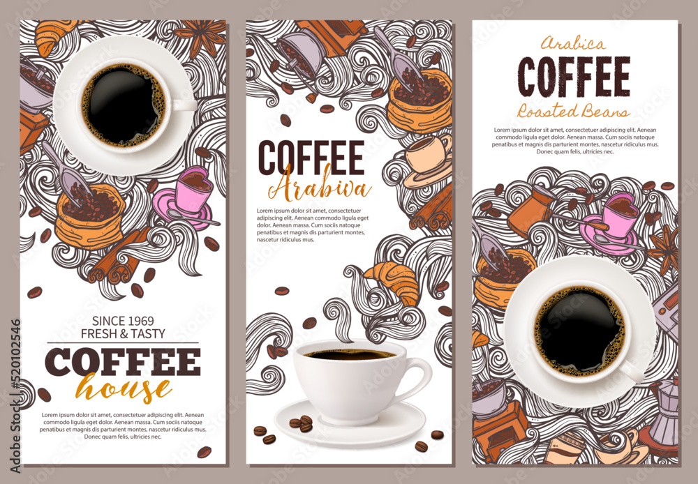 Coffee advertising banners design set with coffee cup and hand drawn ...