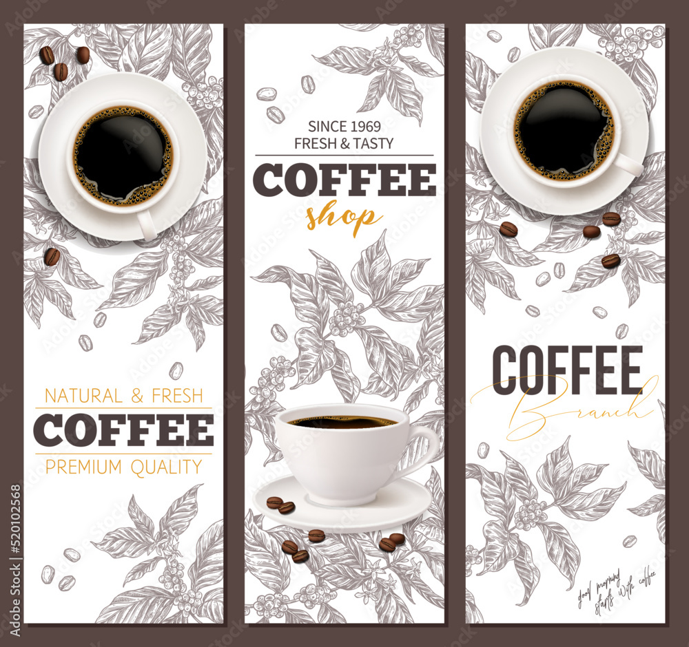 Vertical coffee banners set. Top view cup on white background with ...