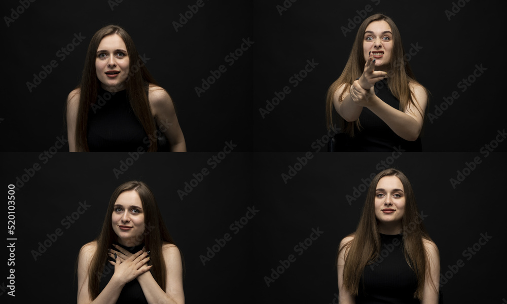 Set of young girl posing with many different facial expressions in a ...
