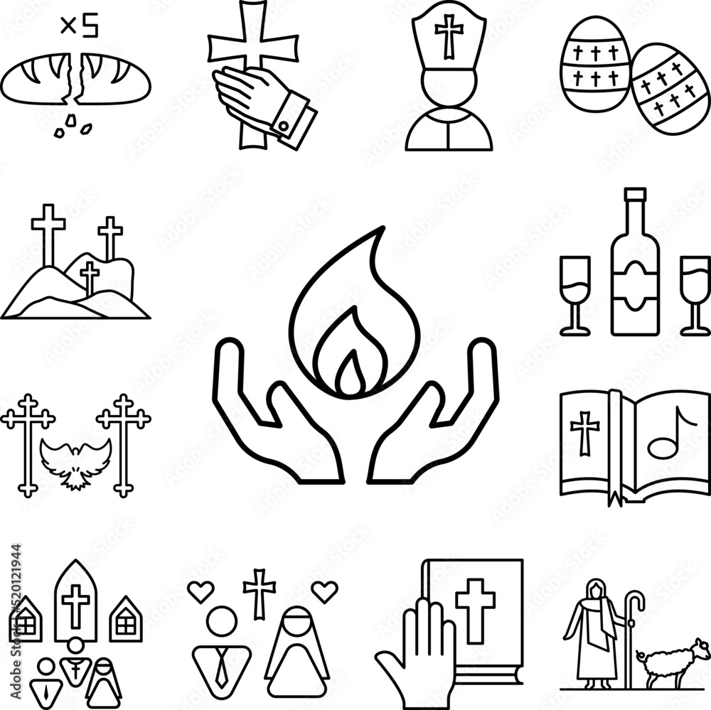Holy ghost, hands, fire icon in a collection with other items Stock ...
