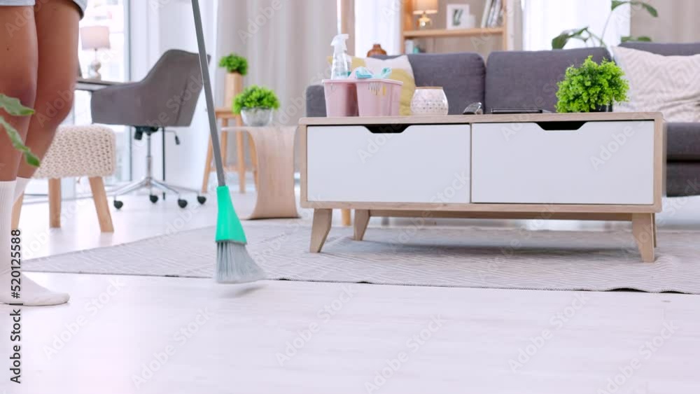 Cheerful, fun and happy cleaning female legs dancing across lounge ...