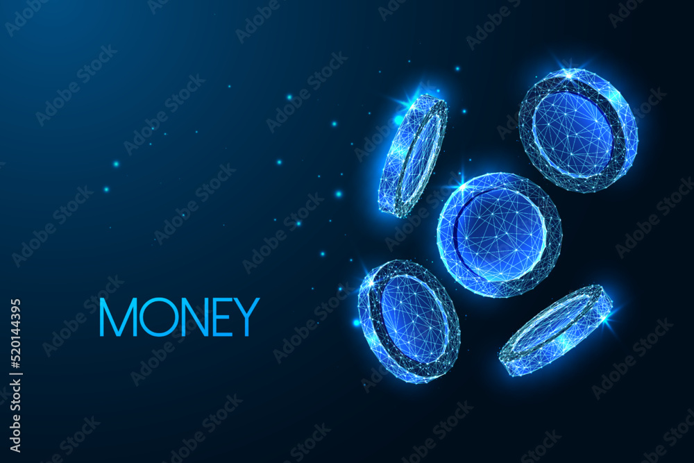 Money, finance concept with falling shiny coins in futuristic glowing ...