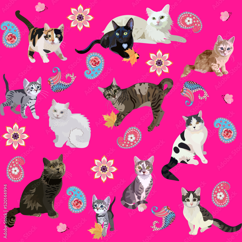 Seamless animal print with cute cats, paisley and mandalas on a hot ...