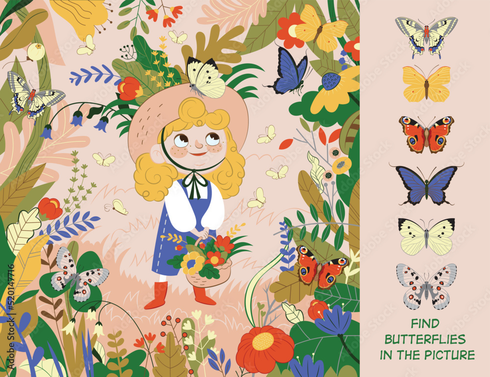 The girl examines butterflies in nature. Find six butterflies in the ...