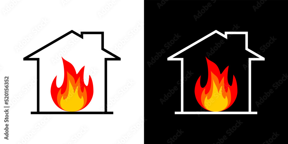 Set house fire logo icon on black and white background flat vector ...