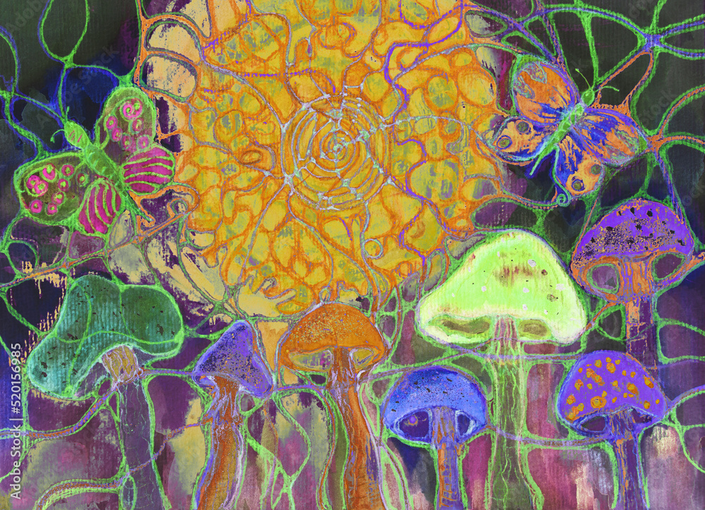 Psychedelic mushrooms and butterflies in the trippy night. The dabbing ...