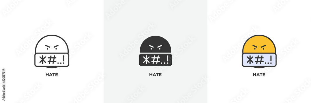 hate icon. Line, solid and filled outline colorful version, outline and ...