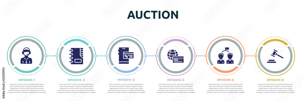 auction concept infographic design template. included on, contact list ...