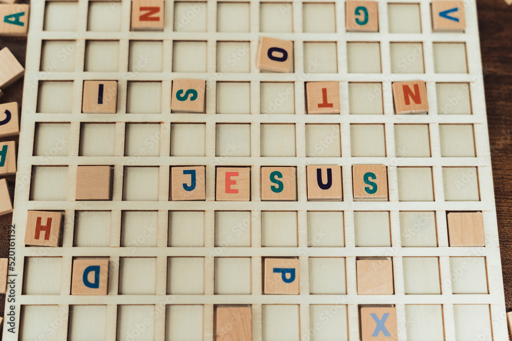 Foto de Jesus Christ. Colourful wooden square letters creating the name ...