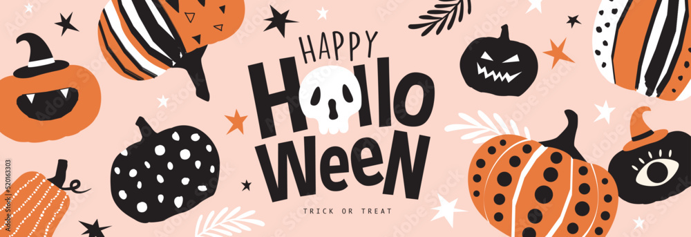 Trendy and stylish Halloween banner with decorative pumpkins Stock ...