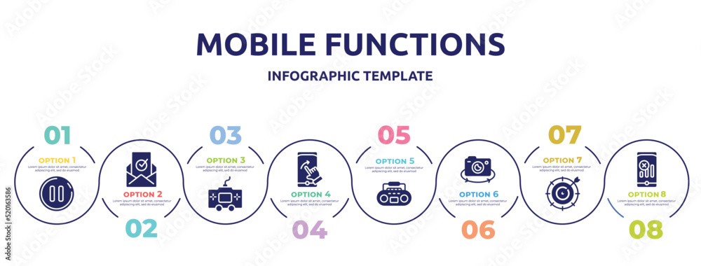 mobile functions concept infographic design template. included pause ...
