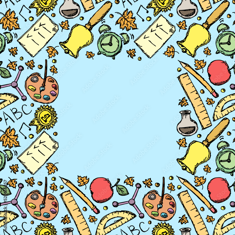frame with school icons. Back to school. Doodle school background with ...