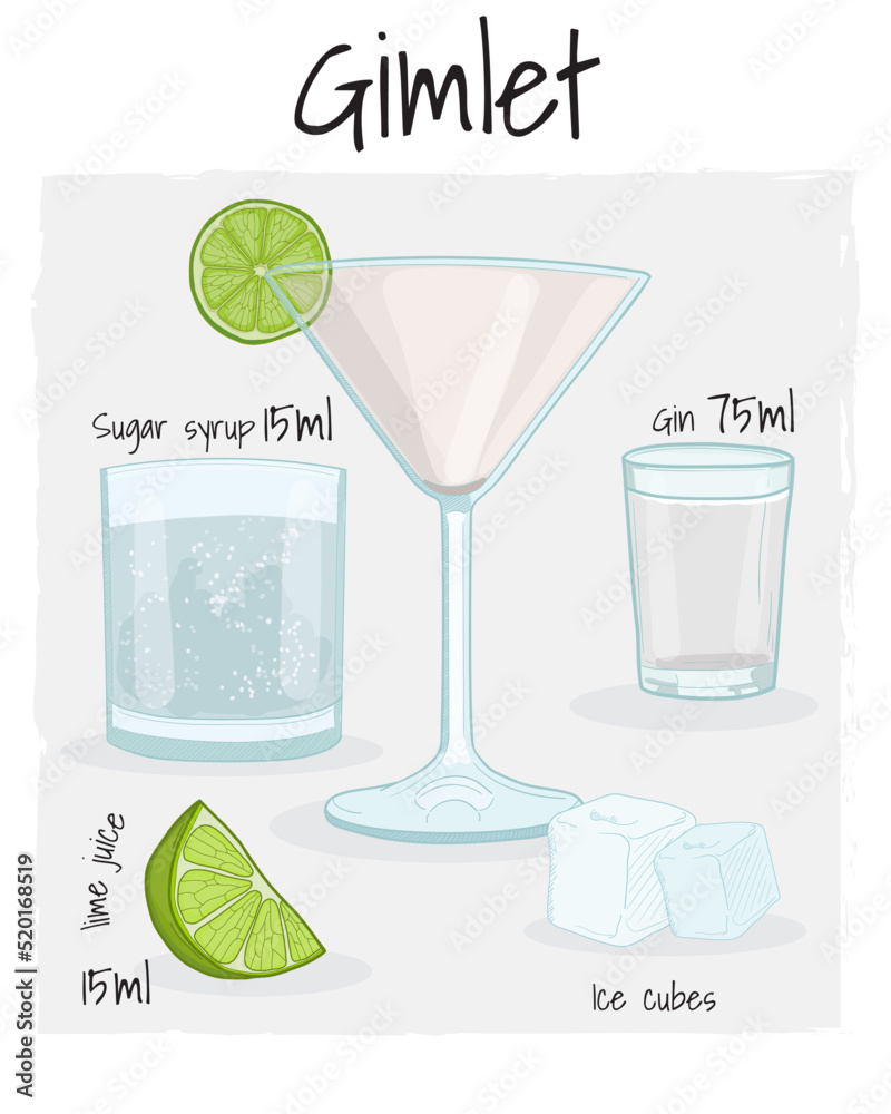 Gimlet Cocktail Illustration Recipe Drink with Ingredients Stock ...
