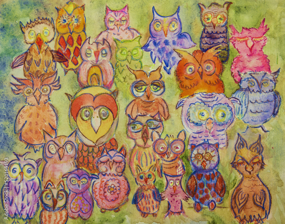 All different whimsical owls. The dabbing technique near the edges ...