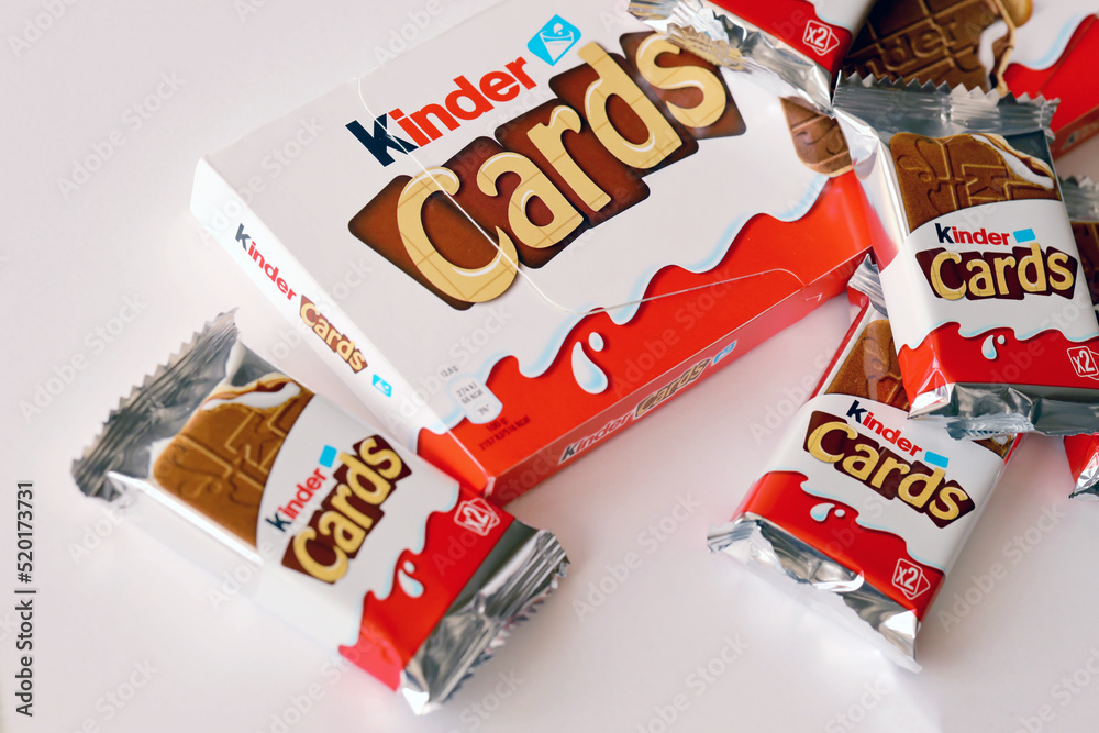 TERNOPIL, UKRAINE - JUNY 3, 2022: Kinder Chocolate Cards product pack ...