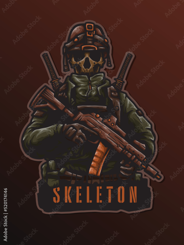 Skeleton Skull Warrior Squad Soldier Army with Gun Weapon Mascot ESport ...