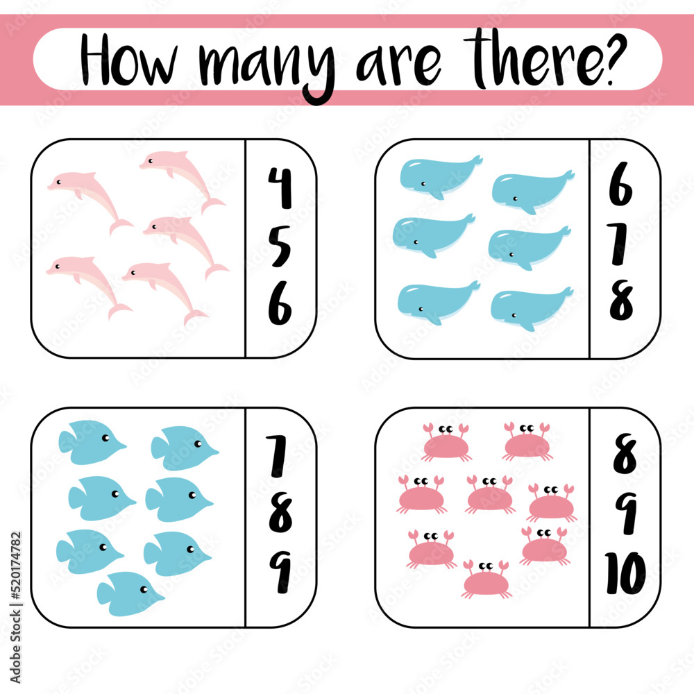 Counting educational math children game, kids activity worksheet. How many objects task ...