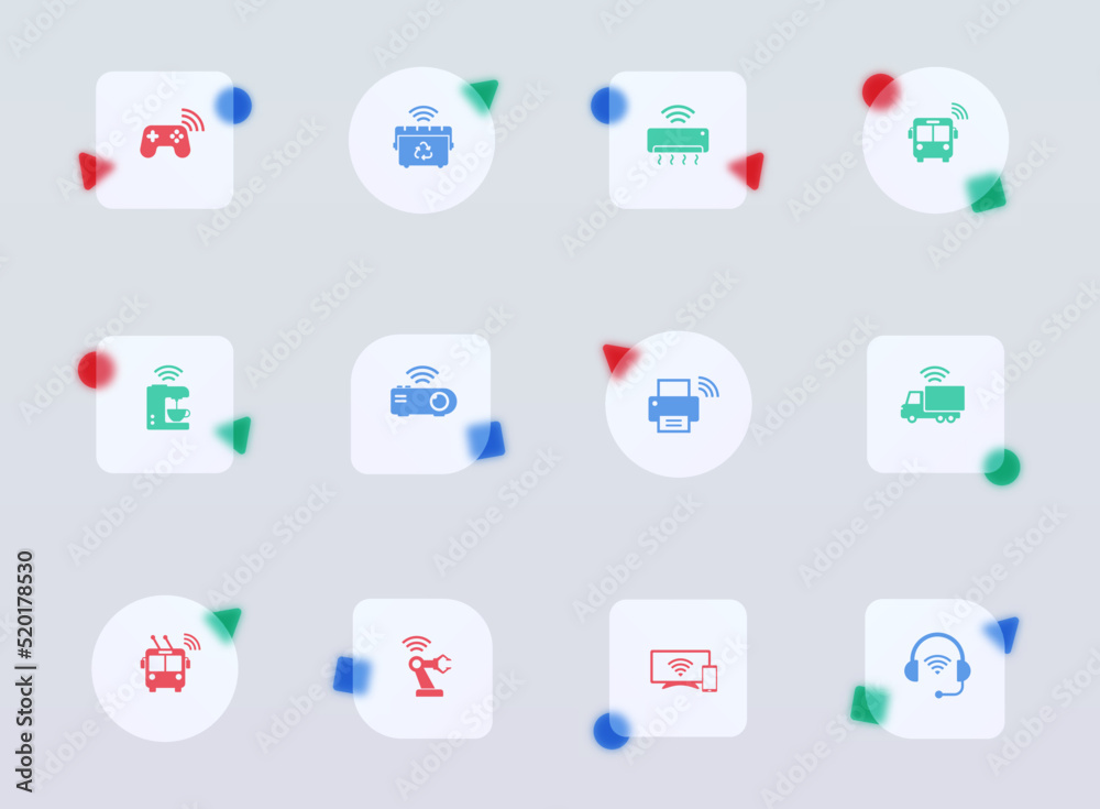 iot glass morphism trendy style icons. internet of things transparent ...