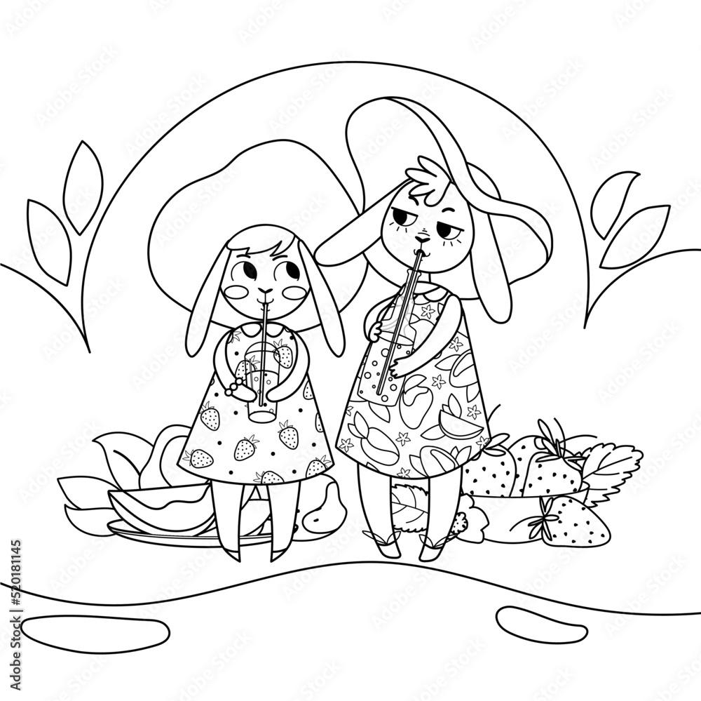 Cute rabbits outline vector with summer drink and mango fruit. Sweet ...