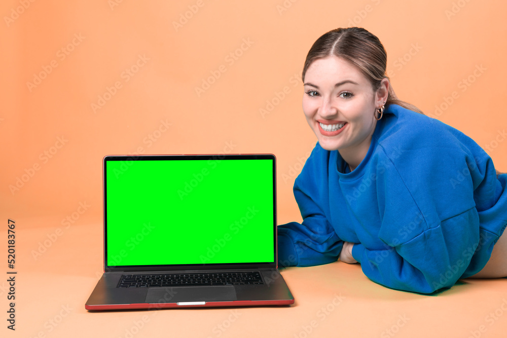 Woman with a laptop. Greenscreen laptop mock up. Laptop template ...