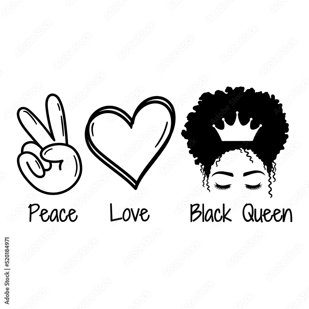 Peace Love Black Queen. Woman face with eyelashes and crown. Vector ...