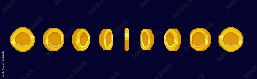 Pixel coins. Arcade 8 bit retro animation game with gold money, bitcoin ...