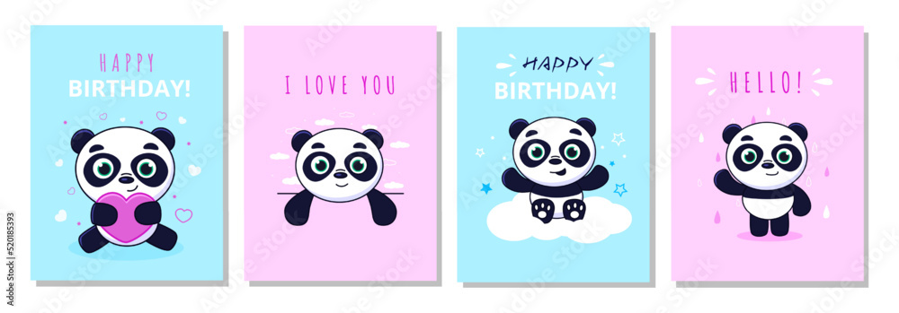 Panda invitation print. Cute baby animal covers, happy birthday cards ...