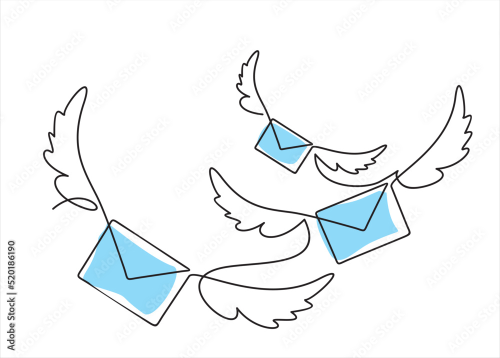 Flying envelopes in continuous line art drawing style. Letter with ...