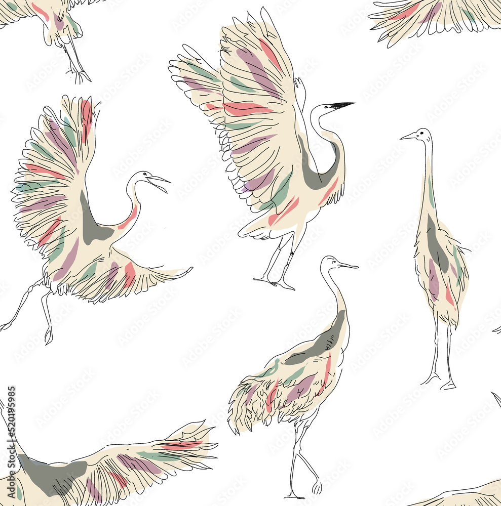 Set of unique cranes in different positions, collection of hand drawn ...