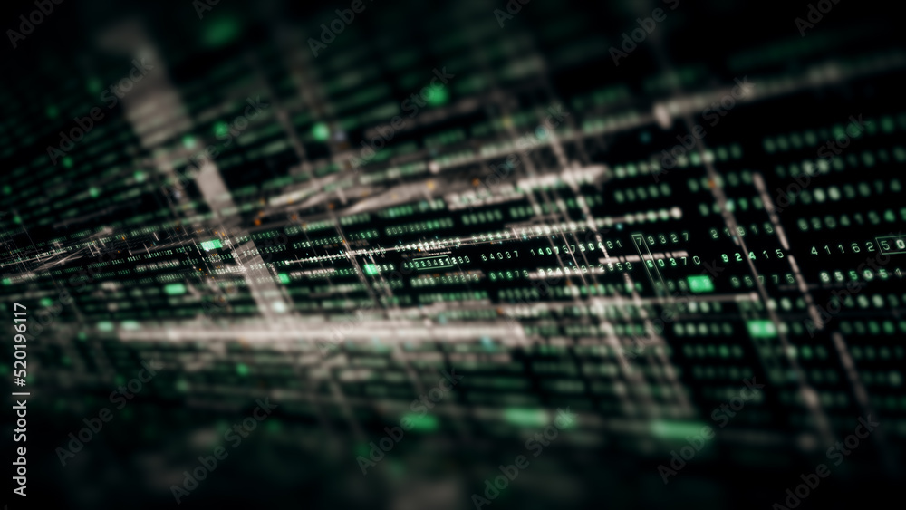 Futuristic abstract de-focus flowing data matrix, meta, metaverse, telemetry and encrypt numbers ...