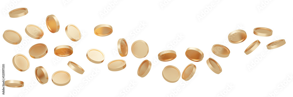 3D Rendering of money coins flying in long scene from left to right ...