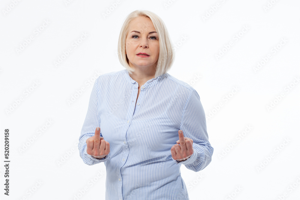 Crazy woman showing middle finger over white background Stock Photo ...