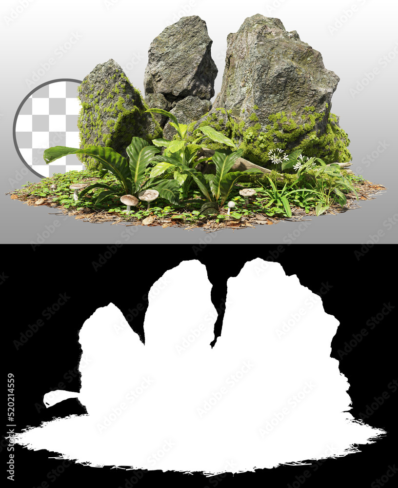 Cutout mossy rock surrounded by vegetation in the forest. Ancient ...