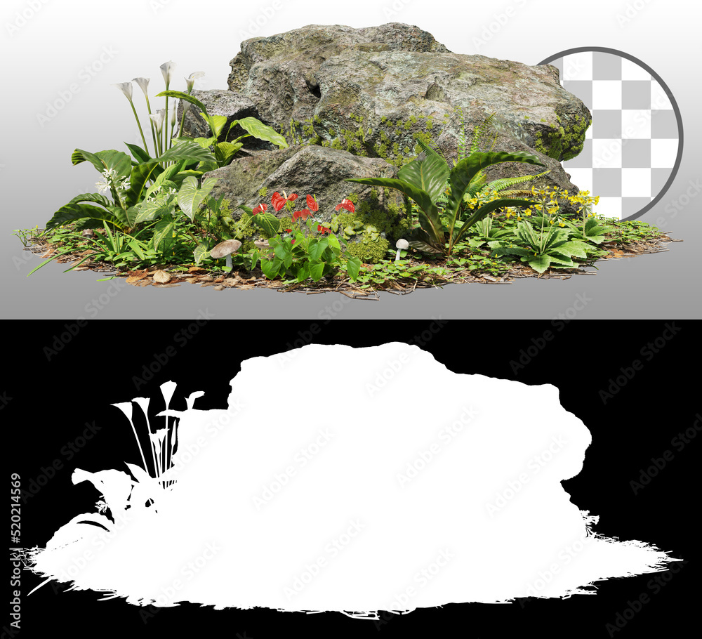 Cutout mossy rock surrounded by vegetation in the forest. Ancient ...